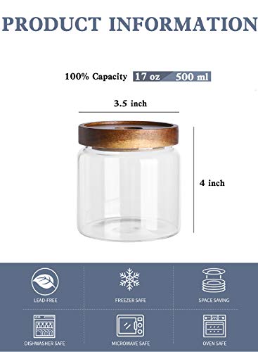 Kanwone Glass Storage Jars Set of 6, 17 Ounce Airtight Food Storage Containers with Bamboo lids, Clear Glass Canisters for Pantry, kitchen, Flour, Sugar, Tea, Coffee, Snack, Spice and Herbs