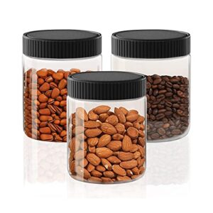 8 oz clear plastic jars with black lids refillable kitchen storage containers for dry food, coffee, nuts and more, 3 pack