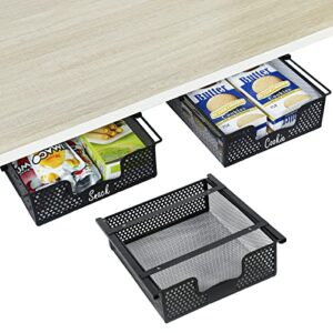 3 pack hanging pullout drawer basket, sliding under shelf storage organizer with nameplates, under shelf baskets under cabinet organizer under desk drawer for kitchen pantry cabinet, attaches to shelf