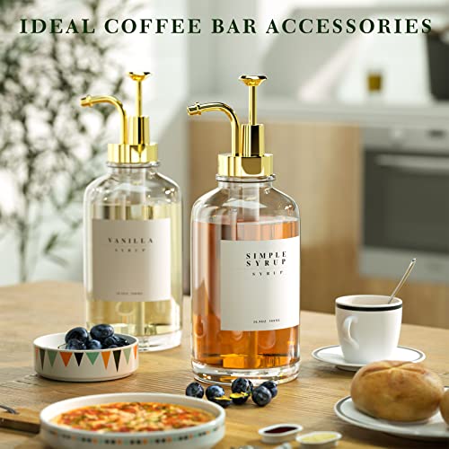 TIMIFTE Coffee Syrup Dispenser for Coffee Bar Accessories，Coffee Pump Dispenser, Glass Syrup Bottle With Gold Pumps and 42 Labels, 16.9 oz 500 ml (2 Pack)