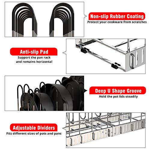 GeekDigg Pot and Pan Organizer for Cabinet, Extensible and Length Adjustable Lid Rack for Kitchen Counter and Cabinet, Lid Organizer for 10+ Pots and Pans with 6 DIY Methods (Silver)