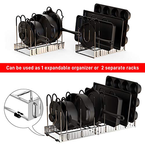 GeekDigg Pot and Pan Organizer for Cabinet, Extensible and Length Adjustable Lid Rack for Kitchen Counter and Cabinet, Lid Organizer for 10+ Pots and Pans with 6 DIY Methods (Silver)