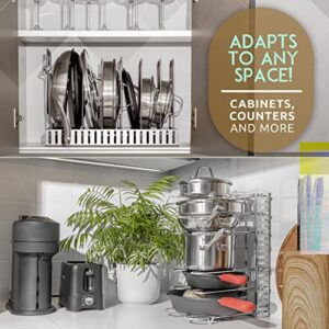 GeekDigg Pot and Pan Organizer for Cabinet, Extensible and Length Adjustable Lid Rack for Kitchen Counter and Cabinet, Lid Organizer for 10+ Pots and Pans with 6 DIY Methods (Silver)