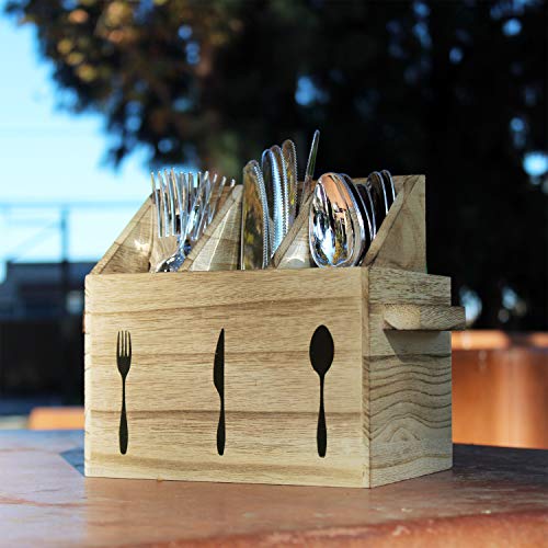 Ikee Design Wooden Utensil Holder Flatware Utensil Caddy with Handles - Silverware Holder for Spoons, Knives, Forks, Napkins for Restaurant and Kitchen