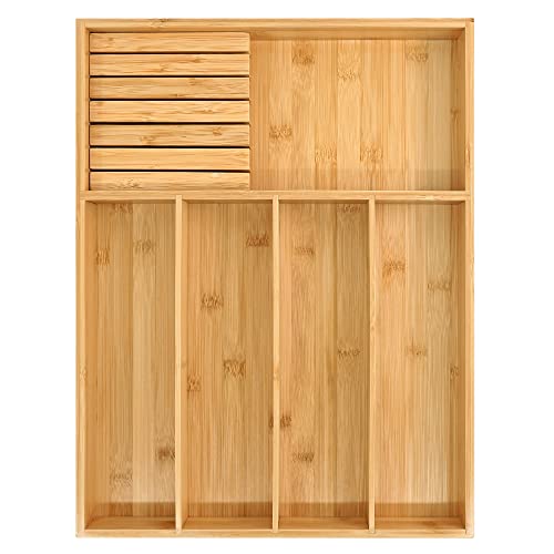 VaeFae Bamboo Silverware Organizer, Utensil Holder for Drawer, Wooden Cutlery Tray with Divider for Kitchen, Flatware Storage and Removable Knife Block, 13 x 17 inches