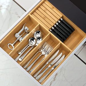 VaeFae Bamboo Silverware Organizer, Utensil Holder for Drawer, Wooden Cutlery Tray with Divider for Kitchen, Flatware Storage and Removable Knife Block, 13 x 17 inches