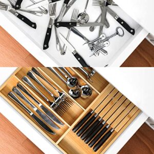 VaeFae Bamboo Silverware Organizer, Utensil Holder for Drawer, Wooden Cutlery Tray with Divider for Kitchen, Flatware Storage and Removable Knife Block, 13 x 17 inches