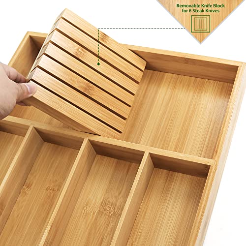 VaeFae Bamboo Silverware Organizer, Utensil Holder for Drawer, Wooden Cutlery Tray with Divider for Kitchen, Flatware Storage and Removable Knife Block, 13 x 17 inches