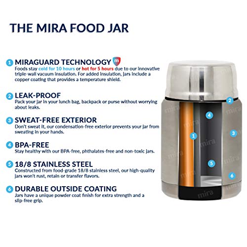 MIRA Lunch, Food Jar - Vacuum Insulated Stainless Steel Lunch Thermos with Portable Folding Spoon - 15 oz (450 ml) - Hawaiian Blue