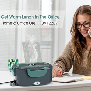 Electric Lunch Box Food Heater, Portable 60W Food Warmer Self Heating Lunch Box, 12V 24V 110V Heated Lunch Box for Car/Truck/Work–Leak Proof, 1.5L Removable 304 SS Container, Fork & Spoon & Carry Bag