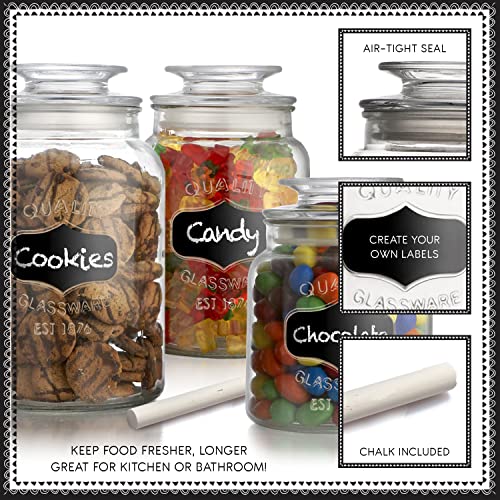 American Atelier Canister Set 3-Piece Glass Jars in 33oz, 44oz & 60oz Chic Retro w/ Airtight Lids, Chalkboard, for Cookies, Candy, Coffee, Flour, Sugar, Rice, Pasta, Cereal & More, Clear