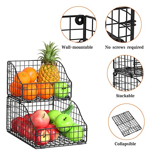 X-cosrack 2 Tier Stackable Wire Baskets, Countertop Veggies Storage Potato Onion Pantry Organizer Snack Holder for Kitchen Cabinet Produce