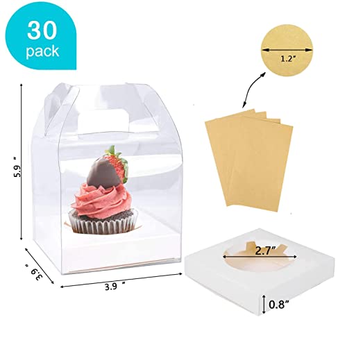 LOKQING 30 PCS Individual Cupcake Containers Single Cupcake Boxes with Handle and Inserts Clear Plastic Favor Boxes