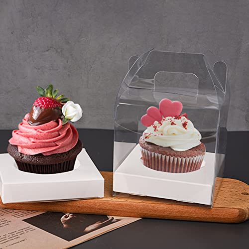 LOKQING 30 PCS Individual Cupcake Containers Single Cupcake Boxes with Handle and Inserts Clear Plastic Favor Boxes