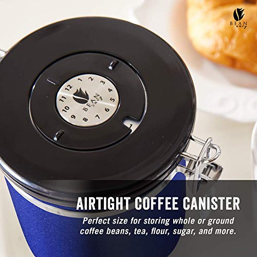 Bean Envy Coffee Canister - 22.5 oz Coffee Storage Container and Organizer w/ Stainless Steel Scoop, Date Tracker & Co2-Release Valve - Essential Coffee Accessories, Blue