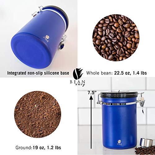 Bean Envy Coffee Canister - 22.5 oz Coffee Storage Container and Organizer w/ Stainless Steel Scoop, Date Tracker & Co2-Release Valve - Essential Coffee Accessories, Blue