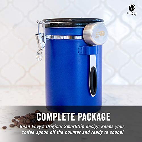 Bean Envy Coffee Canister - 22.5 oz Coffee Storage Container and Organizer w/ Stainless Steel Scoop, Date Tracker & Co2-Release Valve - Essential Coffee Accessories, Blue