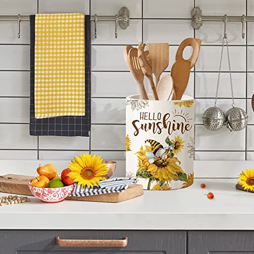 Rabbitable Sunflower Utensil Holder-Sunflower Kitchen Decor-Cooking Tools Sunflower Gnome Kitchen Gifts For Women-Modern Farmhouse Ceramic Utensil Crock with Non-slip mat for Home Table Party Decor