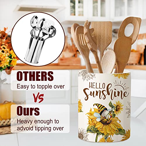 Rabbitable Sunflower Utensil Holder-Sunflower Kitchen Decor-Cooking Tools Sunflower Gnome Kitchen Gifts For Women-Modern Farmhouse Ceramic Utensil Crock with Non-slip mat for Home Table Party Decor