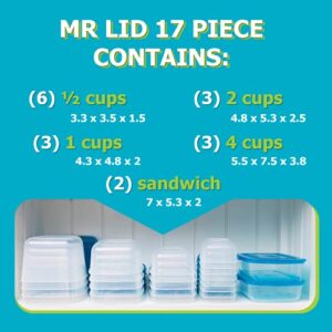 Mr. Lid Premium Attached Storage Containers | Permanently Attached Plastic Lid, Never Lose | Space Saving (17 Piece Set)