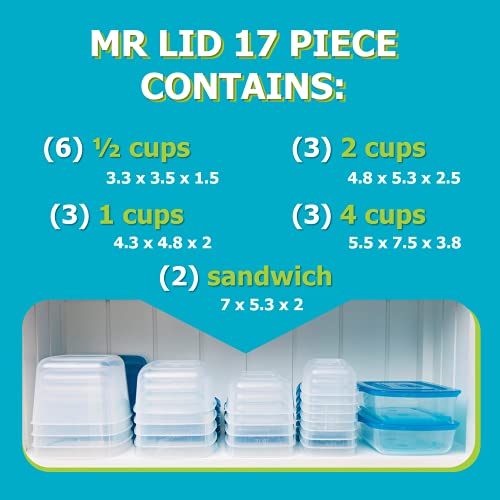 Mr. Lid Premium Attached Storage Containers | Permanently Attached Plastic Lid, Never Lose | Space Saving (17 Piece Set)