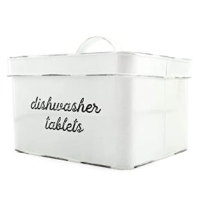 auldhome dishwasher pod holder, tablet container; white enamelware rustic kitchen storage tin with lid