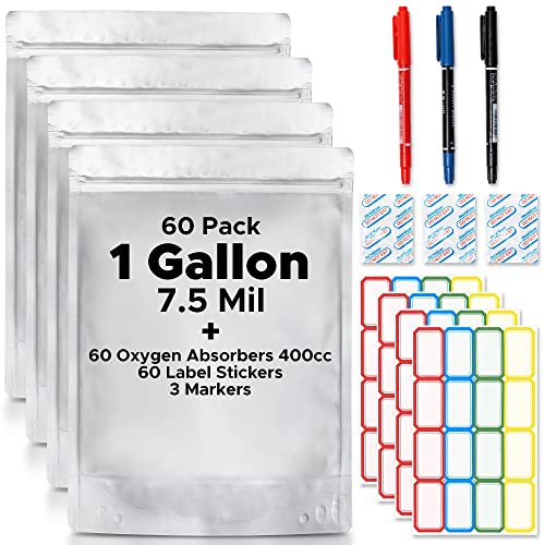 60 Packs 1 Gallon Mylar Bags 7.5 Mil for Food Storage with 400cc Oxygen Absorbers - Stand Up Long Term Food Storage Mylar Bags - Resealable Bags For Food - Gallon Mylar Bags - Large Mylar Ziplock Bags