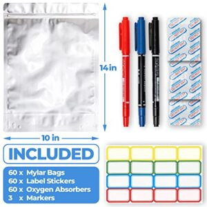 60 Packs 1 Gallon Mylar Bags 7.5 Mil for Food Storage with 400cc Oxygen Absorbers - Stand Up Long Term Food Storage Mylar Bags - Resealable Bags For Food - Gallon Mylar Bags - Large Mylar Ziplock Bags