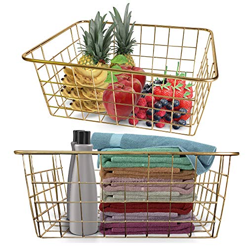 Majika 2 Piece Gold Wire Basket Set - Storage | Decor | Crafts | Kitchen Organizing | Great for Closets | Cabinets | Pantries | Tables | Counter Tops | Office Storage | Nesting Baskets |