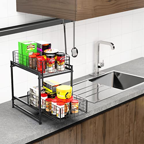 LIDYUK Under Sink Organizer, 2-Tier Kitchen Cabinet Organizer with Sliding Storage Basket Drawers, for Bathroom, Kitchen, Office, Black