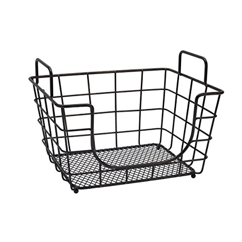 Gourmet Basics by Mikasa Madam Metal Stacking/Nesting Rectangular Basket with Acacia Lid, Antique Black