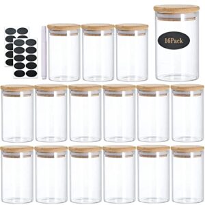 tanglong glass jars with bamboo lids set, glass jars with wood lids 8 oz, large spice jars, glass storage containers for pantry , cookie, and coffee set of 16