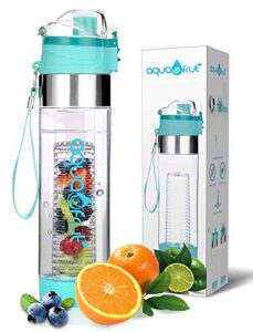 new improved unique bottom loading fruit infuser water bottle complete bundle includes bottle brush, insulating sleeve & infusion recipe ebook. leak proof sweat proof bpa-free (teal)