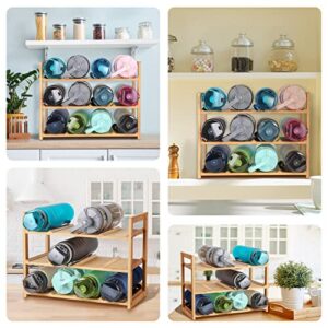 Ackitry 12 Water Bottle Organizer, Freestanding Bamboo Water Bottle Holder Rack, Sturdy Water Cup Stand Storage for Cabinet, Kitchen Countertops, Table Top, Pantry (for 12 Bottles)