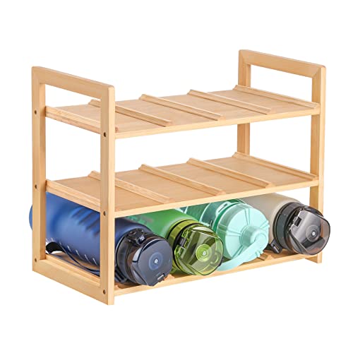 Ackitry 12 Water Bottle Organizer, Freestanding Bamboo Water Bottle Holder Rack, Sturdy Water Cup Stand Storage for Cabinet, Kitchen Countertops, Table Top, Pantry (for 12 Bottles)