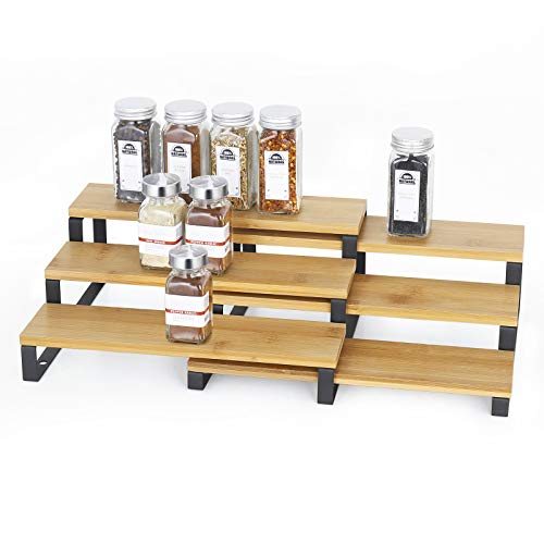 MOOACE 3 Tier Expandable Spice Rack Set (15.35"--22.2"L), Step Shelf Organizer for Cabinet Countertop Pantry, Set of 2