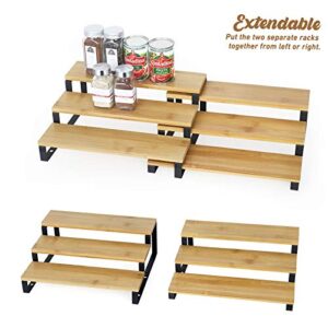 MOOACE 3 Tier Expandable Spice Rack Set (15.35"--22.2"L), Step Shelf Organizer for Cabinet Countertop Pantry, Set of 2