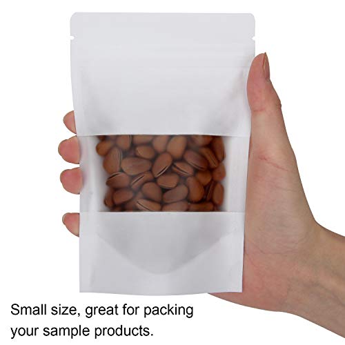 Blisstime White Kraft Stand Up Pouch Bags, 50 Pack Reusable Zip Lock Paper Pouches with Matte Window and Tear-away Notch for Multi-purpose Storage (3.9 X 5.9IN)