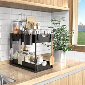 Mastom Under Sink Organizer, 2 Tier Sliding Cabinet Organizer Drawer, Adjustable Height Pull Out Cabinet Organizer with Hooks, Hanging Cup, Dividers, Under Sink Storage for Kitchen Bathroom, Black