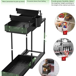 Mastom Under Sink Organizer, 2 Tier Sliding Cabinet Organizer Drawer, Adjustable Height Pull Out Cabinet Organizer with Hooks, Hanging Cup, Dividers, Under Sink Storage for Kitchen Bathroom, Black