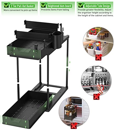 Mastom Under Sink Organizer, 2 Tier Sliding Cabinet Organizer Drawer, Adjustable Height Pull Out Cabinet Organizer with Hooks, Hanging Cup, Dividers, Under Sink Storage for Kitchen Bathroom, Black