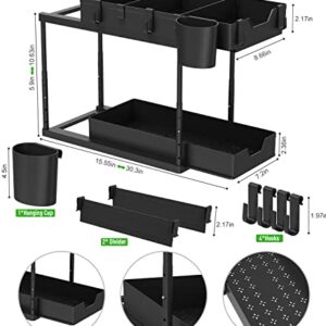 Mastom Under Sink Organizer, 2 Tier Sliding Cabinet Organizer Drawer, Adjustable Height Pull Out Cabinet Organizer with Hooks, Hanging Cup, Dividers, Under Sink Storage for Kitchen Bathroom, Black