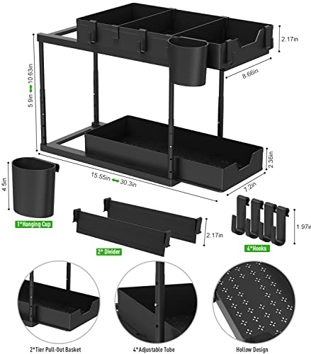 Mastom Under Sink Organizer, 2 Tier Sliding Cabinet Organizer Drawer, Adjustable Height Pull Out Cabinet Organizer with Hooks, Hanging Cup, Dividers, Under Sink Storage for Kitchen Bathroom, Black