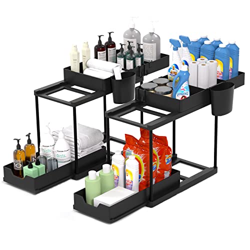 Under Sink Organizers and Storage, Nreirly Double Sliding Cabinet Basket Organizer Drawer, 2-Tier Slide Out Storage Shelf for Bathroom Kitchen Organizer with Hooks, Hanging Cup, Dividers, 2 Pack