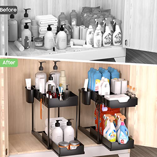 Under Sink Organizers and Storage, Nreirly Double Sliding Cabinet Basket Organizer Drawer, 2-Tier Slide Out Storage Shelf for Bathroom Kitchen Organizer with Hooks, Hanging Cup, Dividers, 2 Pack