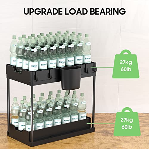 Under Sink Organizers and Storage, Nreirly Double Sliding Cabinet Basket Organizer Drawer, 2-Tier Slide Out Storage Shelf for Bathroom Kitchen Organizer with Hooks, Hanging Cup, Dividers, 2 Pack