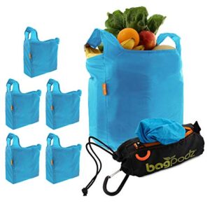 BagPodz Reusable Shopping Bags Inside a Compact Pod with Carry Clip RipStop Nylon Holds 50lbs Very Sturdy, 5 Pack in Blue