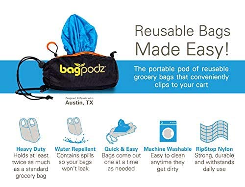 BagPodz Reusable Shopping Bags Inside a Compact Pod with Carry Clip RipStop Nylon Holds 50lbs Very Sturdy, 5 Pack in Blue