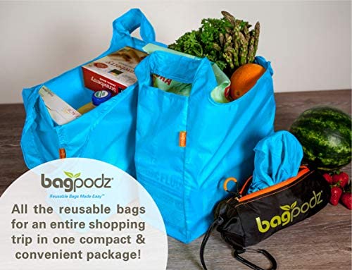 BagPodz Reusable Shopping Bags Inside a Compact Pod with Carry Clip RipStop Nylon Holds 50lbs Very Sturdy, 5 Pack in Blue