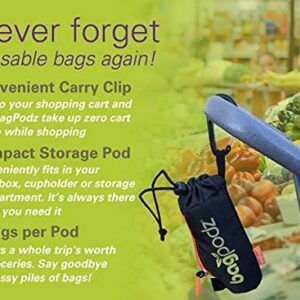 BagPodz Reusable Shopping Bags Inside a Compact Pod with Carry Clip RipStop Nylon Holds 50lbs Very Sturdy, 5 Pack in Blue